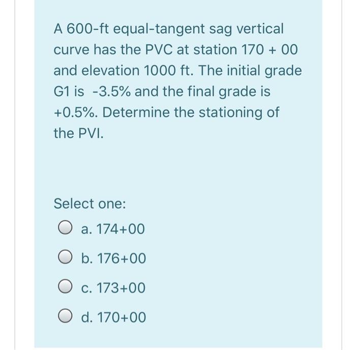 Solved A 600-ft equal-tangent sag vertical curve has the PVC | Chegg.com