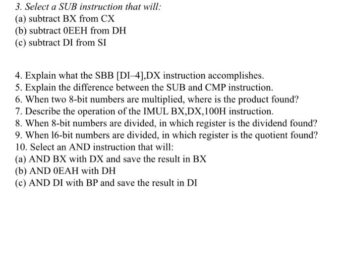 Solved 3. Select a SUB instruction that will: (a) subtract | Chegg.com
