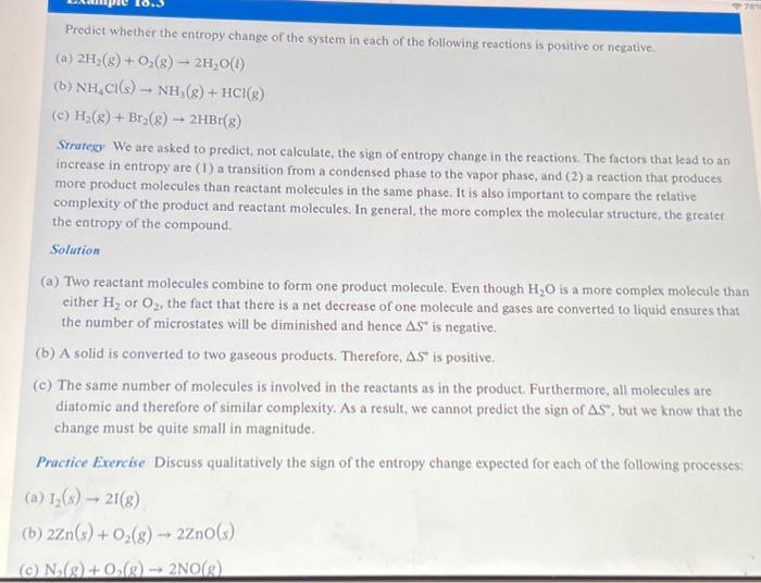 Solved Predict whether the entropy change of the system in | Chegg.com