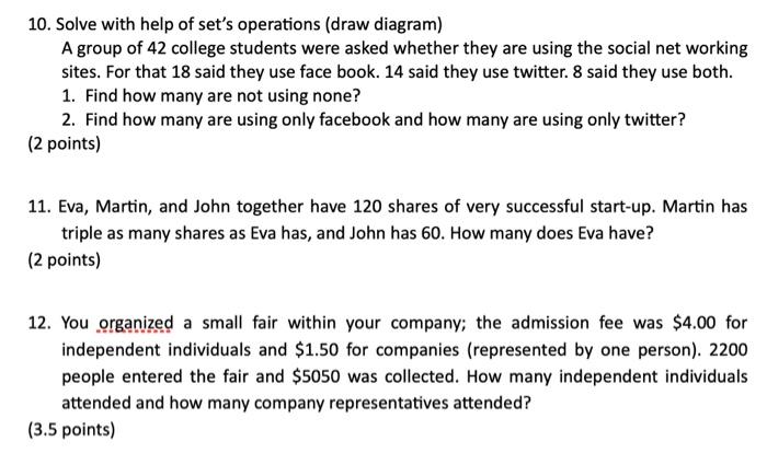 Solved 10. Solve with help of set's operations (draw | Chegg.com