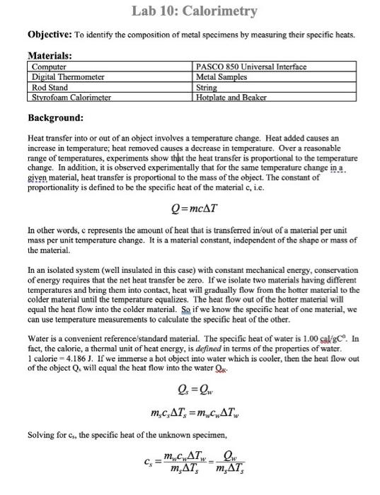 Lab 10: Calorimetry Objective: To identify the | Chegg.com