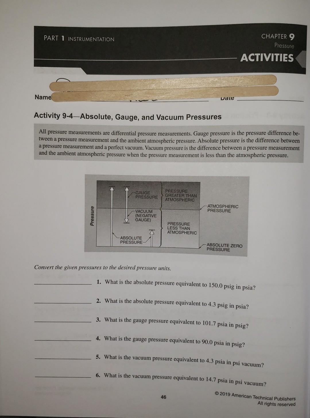 Solved PART 1 INSTRUMENTATION CHAPTER Pressure ACTIVITIES | Chegg.com