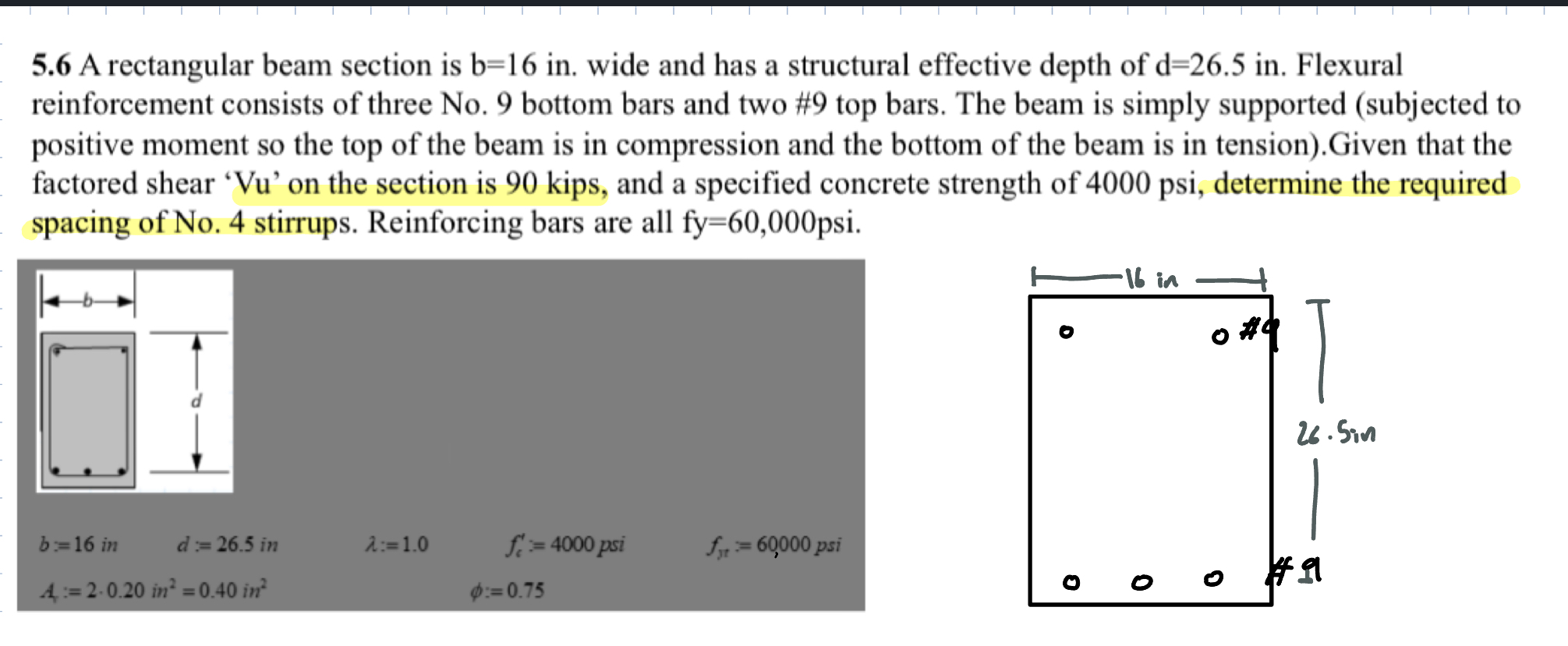 Solved 5.6 ﻿A rectangular beam section is b=16 ﻿in. ﻿wide | Chegg.com