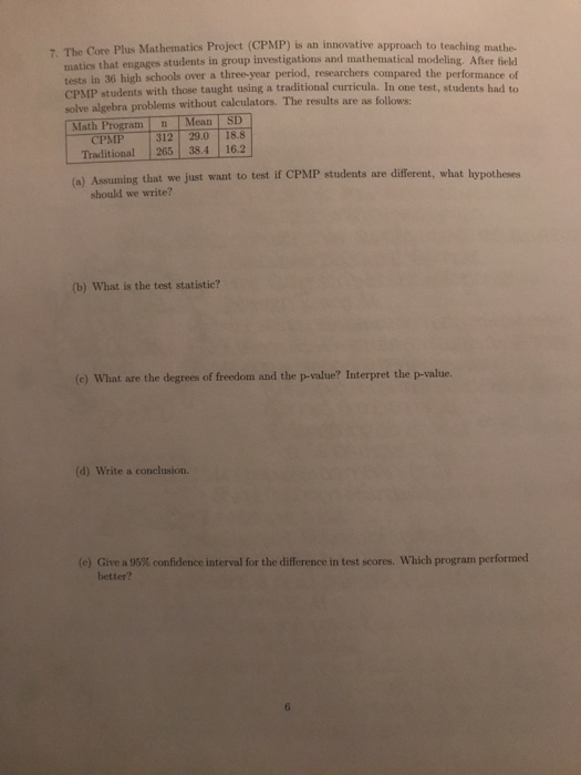 Solved - The Core Plus Mathematics Project (CPMP) is an | Chegg.com