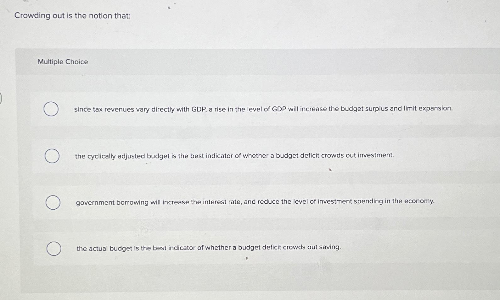 Solved Crowding out is the notion that:Multiple Choicesince | Chegg.com