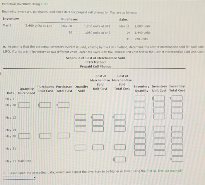 Solved Perpetual Inventory Using LIFO Beginning inventory, | Chegg.com