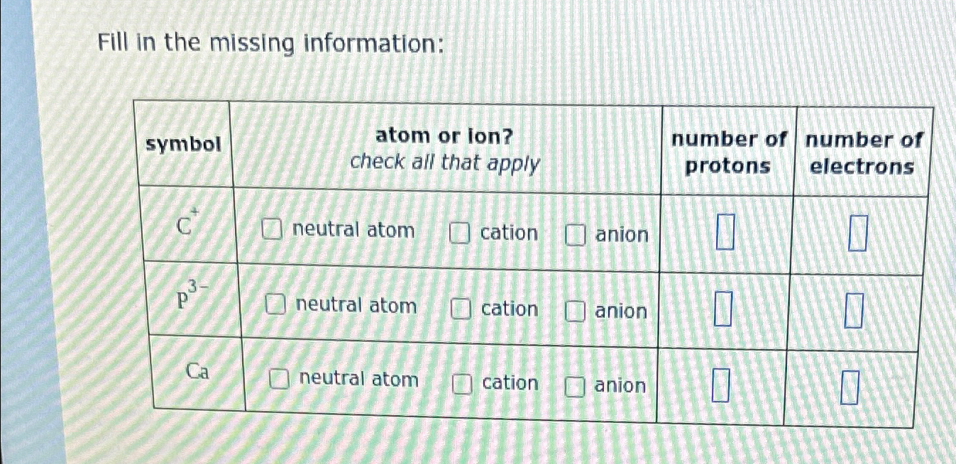 Fill in the missing information: | Chegg.com
