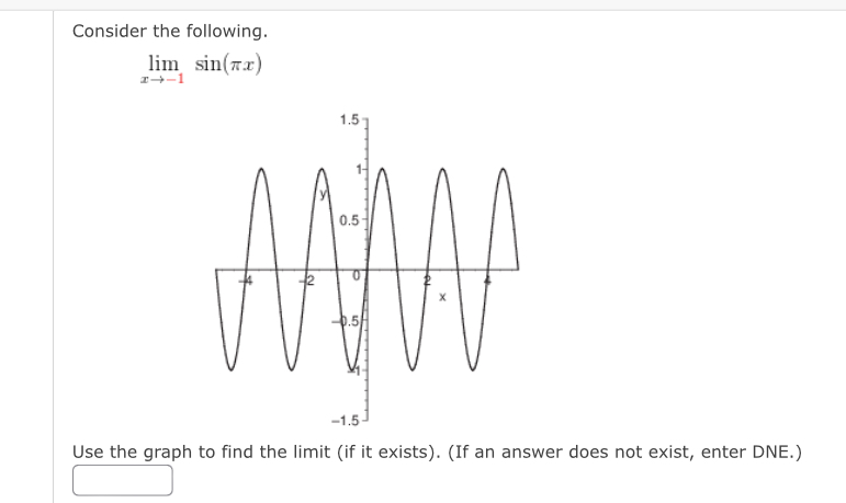 Solved Consider the following.limx→-1sin(πx)Use the graph to | Chegg.com