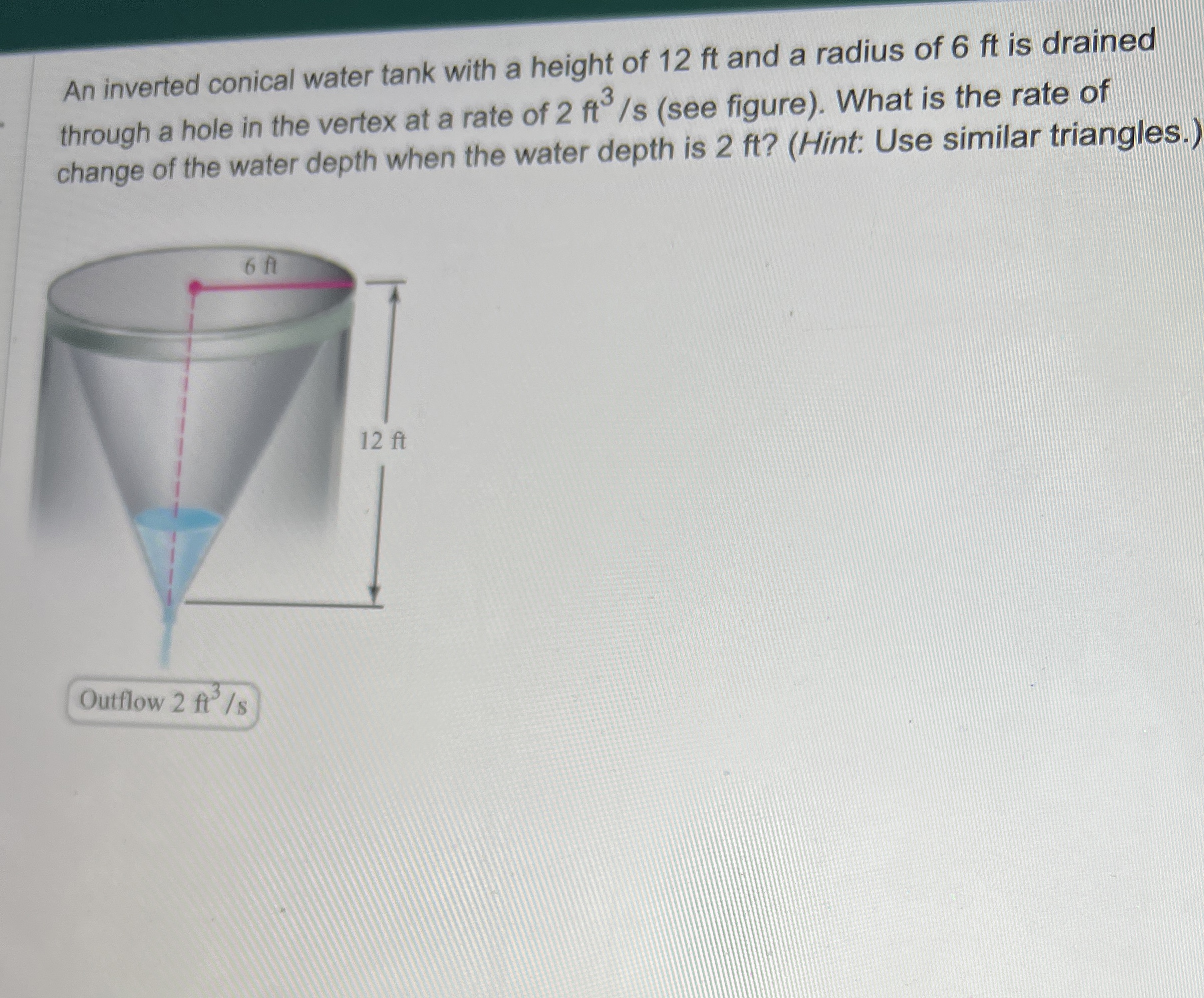 Solved An inverted conical water tank with a height of 12ft | Chegg.com