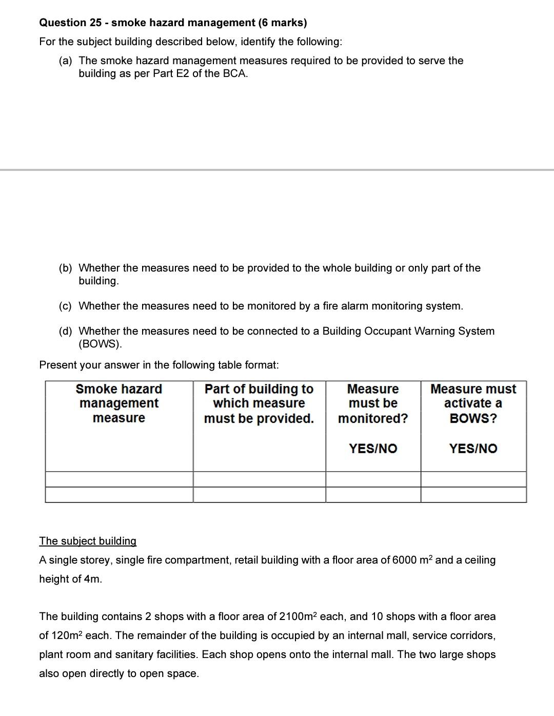 Solved Question 25 - smoke hazard management (6 marks) For | Chegg.com