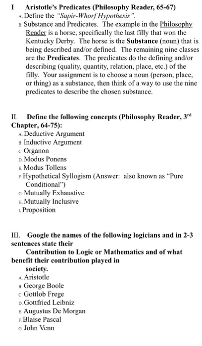 I Aristotle's Predicates (Philosophy Reader, 65-67) | Chegg.com