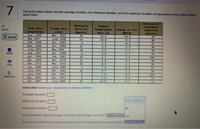 Solved Using the table below, find the average duration, the | Chegg.com