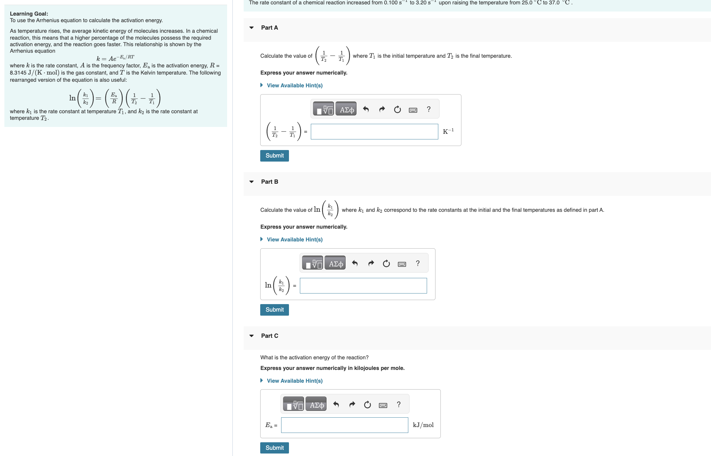 Solved Learning Goal:To use the Arrhenius equation to | Chegg.com