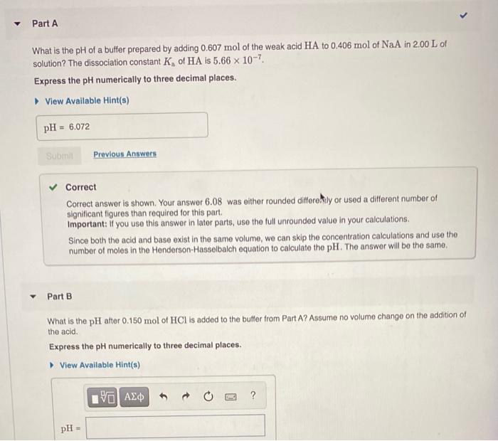 Solved Part A What is the pH of a buffer prepared by adding | Chegg.com