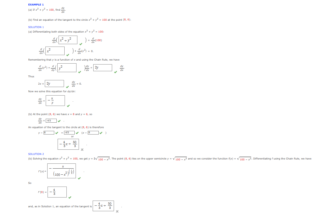 Solved EXAMPLE 1(a) ﻿If x2+y2=100, ﻿find dydx.(b) ﻿Find an | Chegg.com