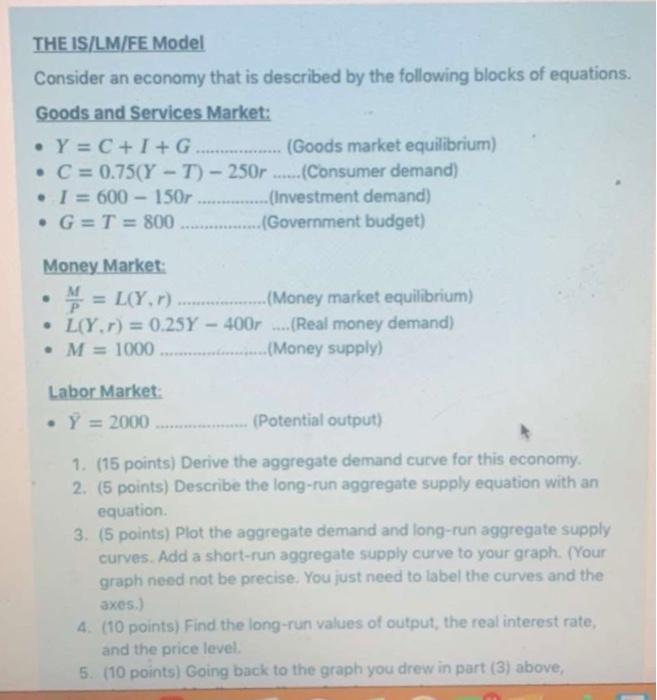 Solved THE IS/LM/FE Model Consider an economy that is | Chegg.com