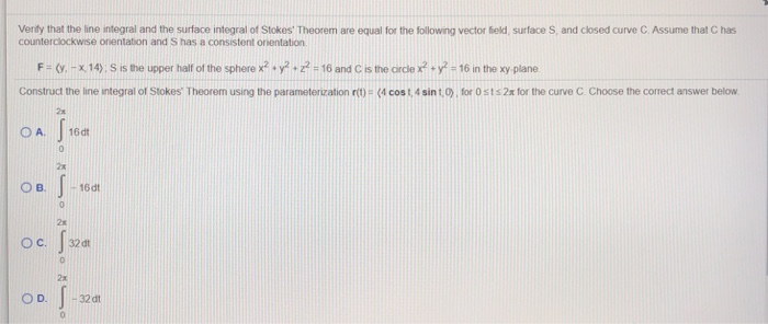 Solved Verify that the line integral and the surface | Chegg.com