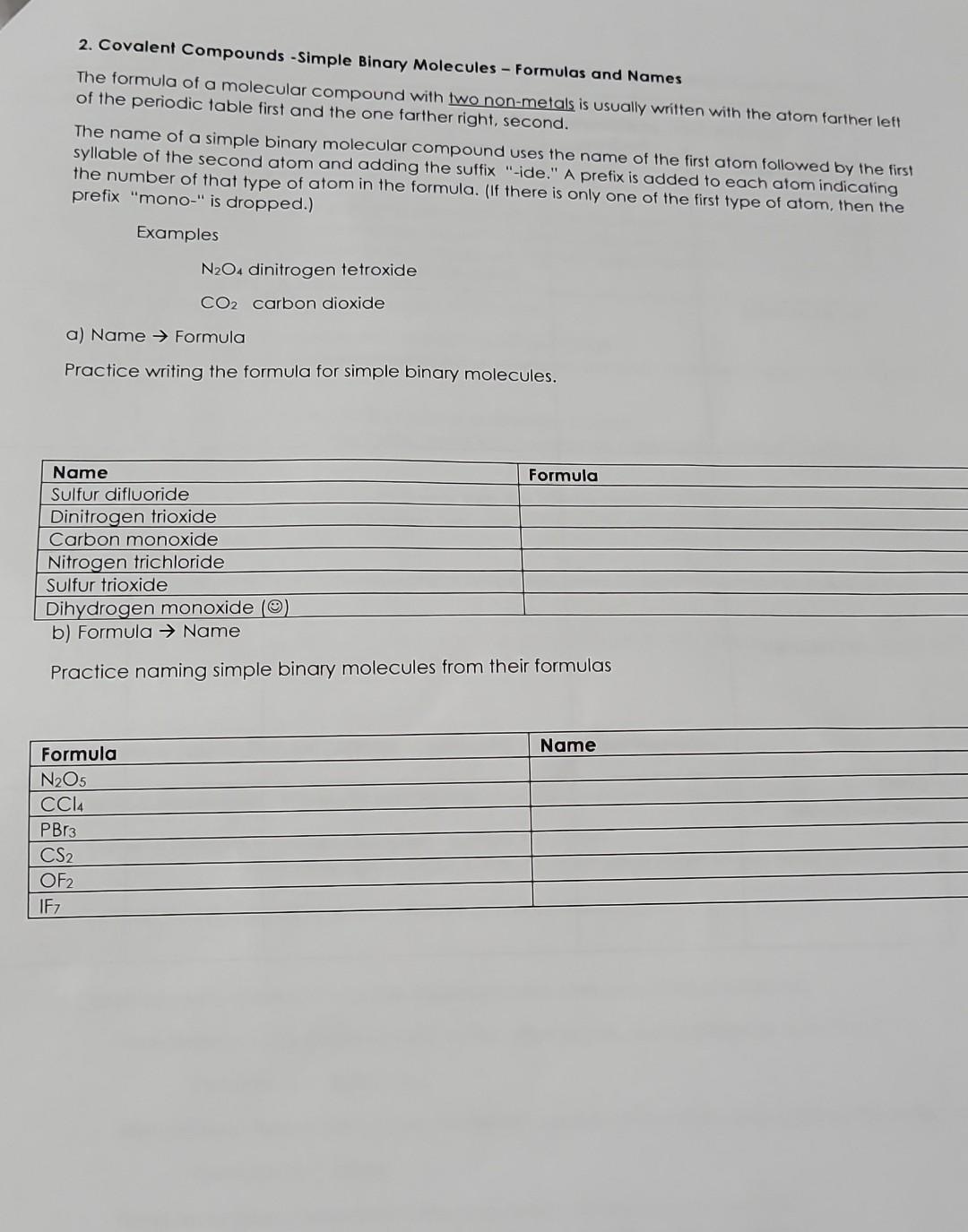Solved 2. Covalent Compounds - Simple Binary Molecules - | Chegg.com