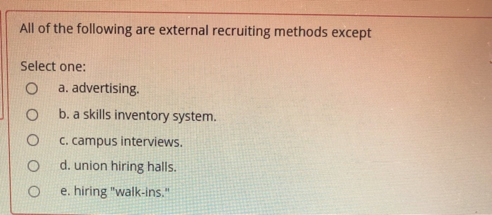 Solved All of the following are external recruiting methods | Chegg.com