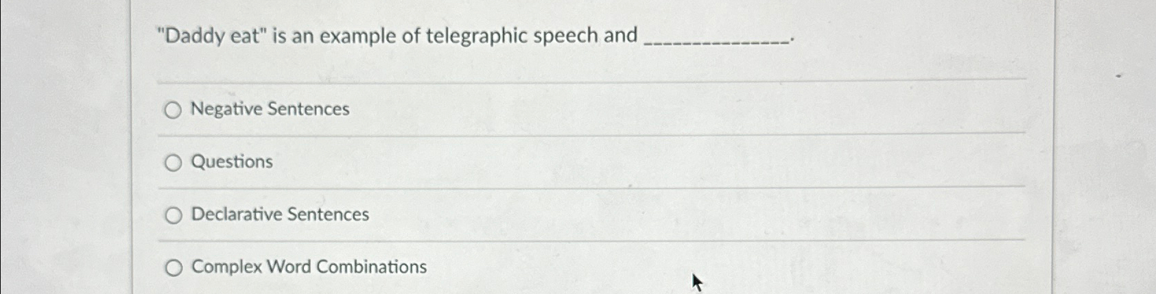 Solved "Daddy eat" is an example of telegraphic speech | Chegg.com