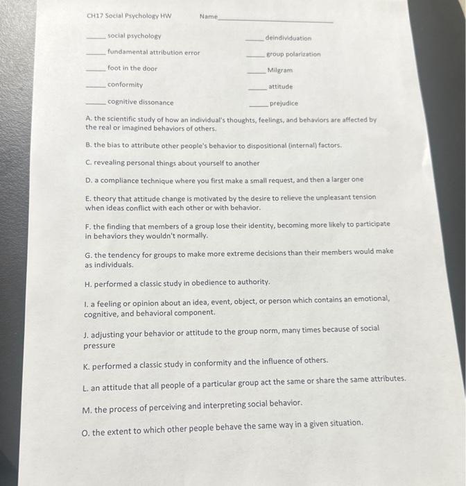 Solved CH17 Social Psychology HW Name social psychology | Chegg.com