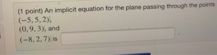 Solved (1 point) An implicit equation for the plane passing | Chegg.com