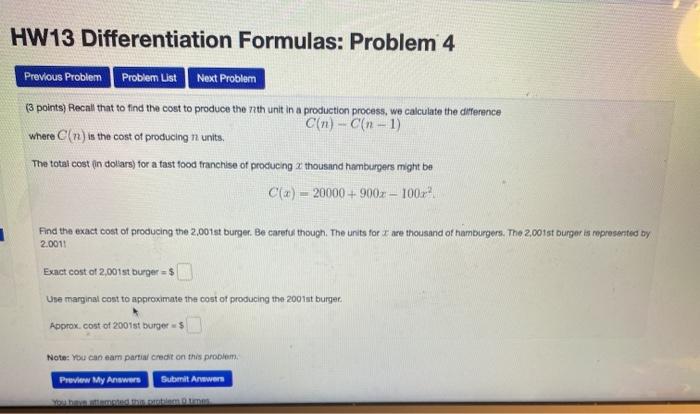 Solved HW13 Differentiation Formulas: Problem 4 Previous | Chegg.com