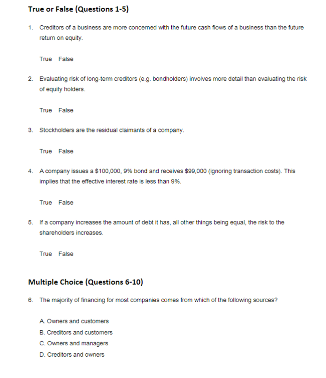 Solved Financial Statement Analysis:True or False (Questions | Chegg.com