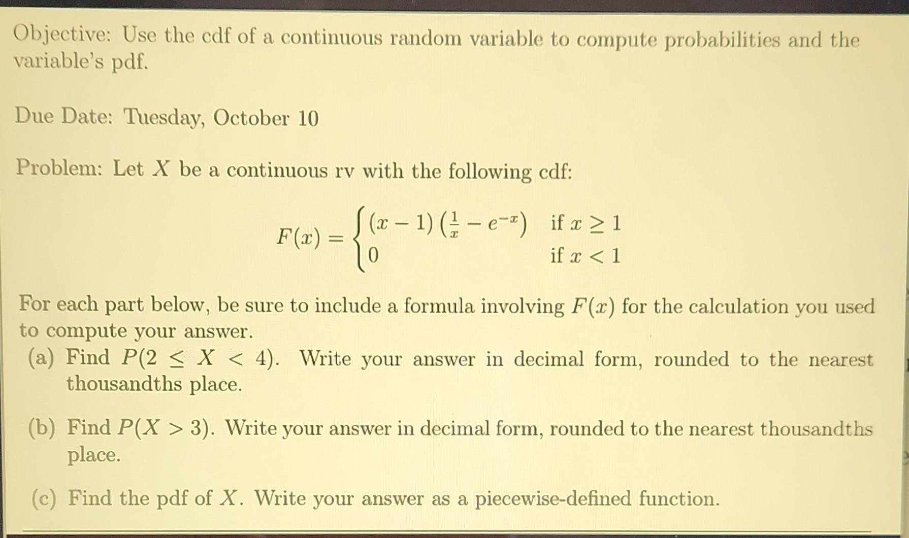 Solved Objective: Use the cdf of a continuous random | Chegg.com