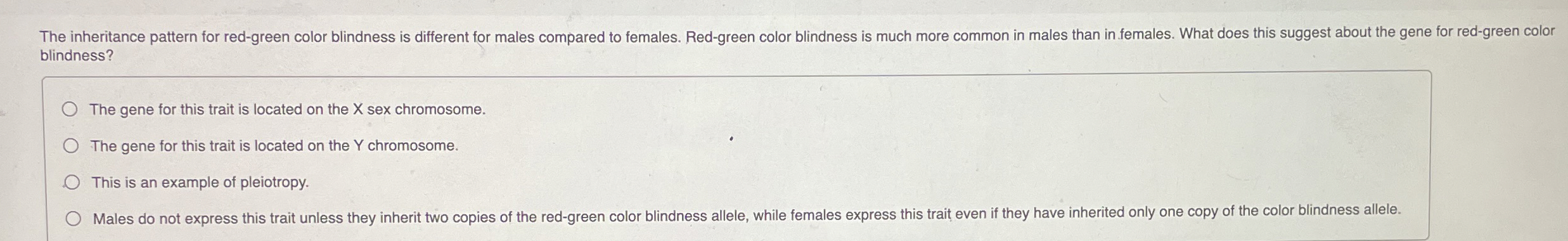 Solved The inheritance pattern for red-green color blindness | Chegg.com