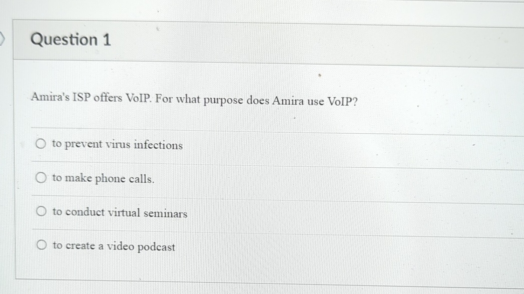 Solved Question 1Amira's ISP offers VoIP. For what purpose | Chegg.com