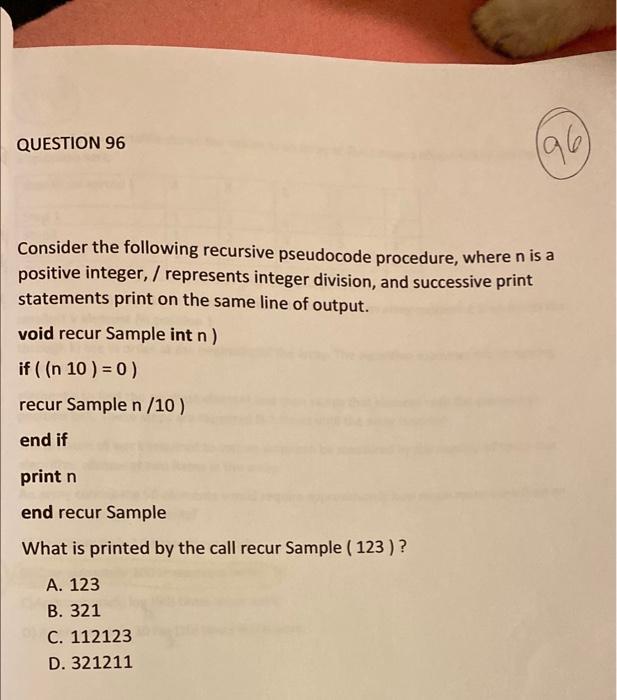 Solved QUESTION 96 (96 Consider the following recursive | Chegg.com