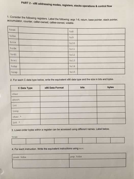 PART 2 - x86 addressing modes, registers, stacks | Chegg.com