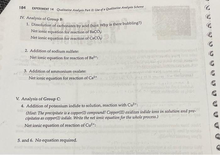 Solved 184 EXPERIMENT 14 Qualitative Analysis Part II: Use | Chegg.com