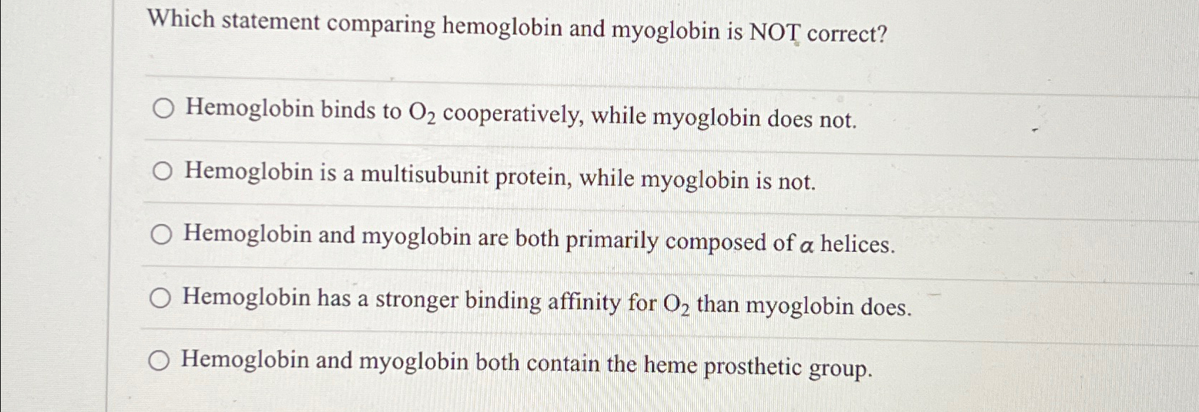 Solved Which statement comparing hemoglobin and myoglobin is | Chegg.com