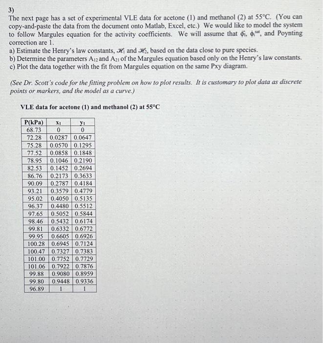 Solved 3) The next page has a set of experimental VLE data | Chegg.com