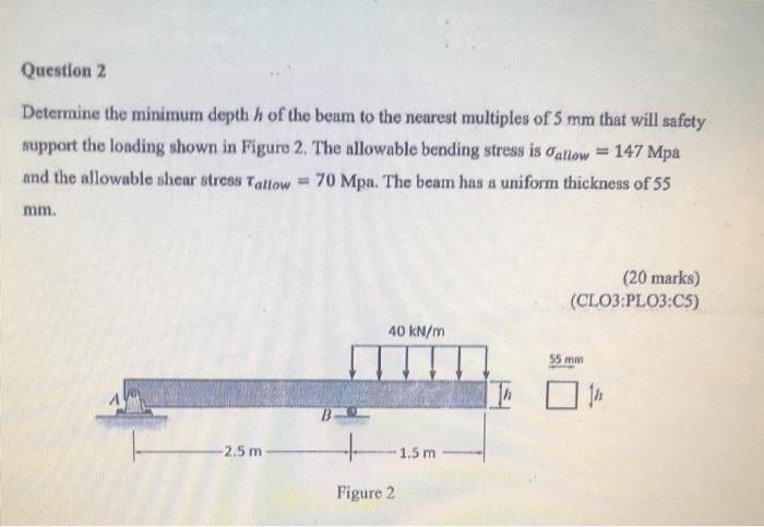 Solved Question 2 Determine the minimum depth h of the beam | Chegg.com
