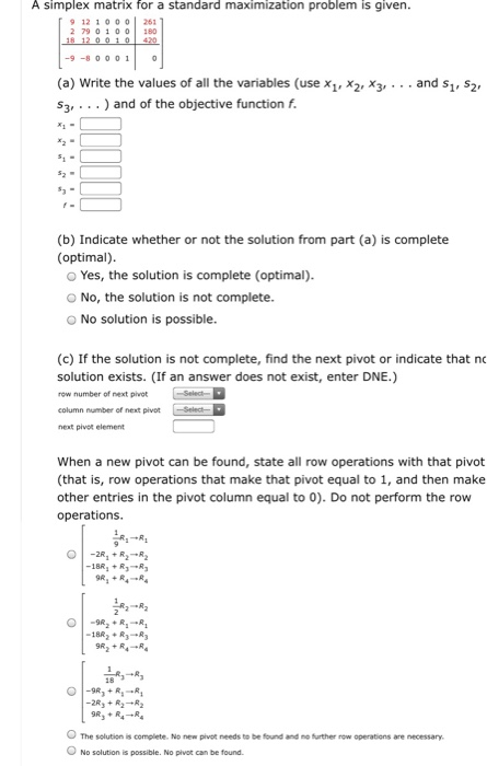 Solved A simplex matrix for a standard maximization problem | Chegg.com