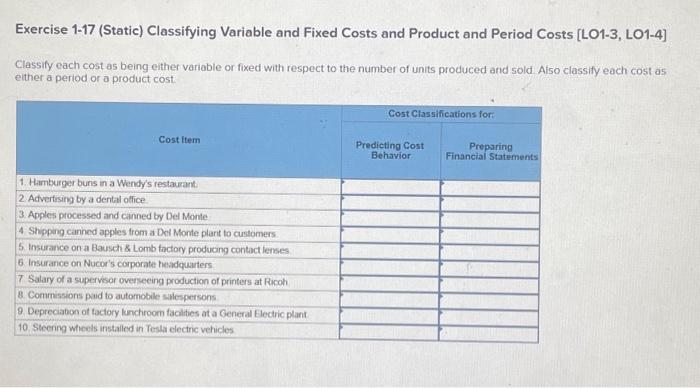 Solved Exercise 1-17 (Static) Classifying Variable and Fixed | Chegg.com