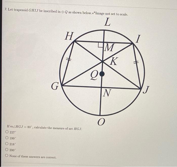 Solved 7. Let trapezoid GHIJ be inscribed in Q as shown | Chegg.com