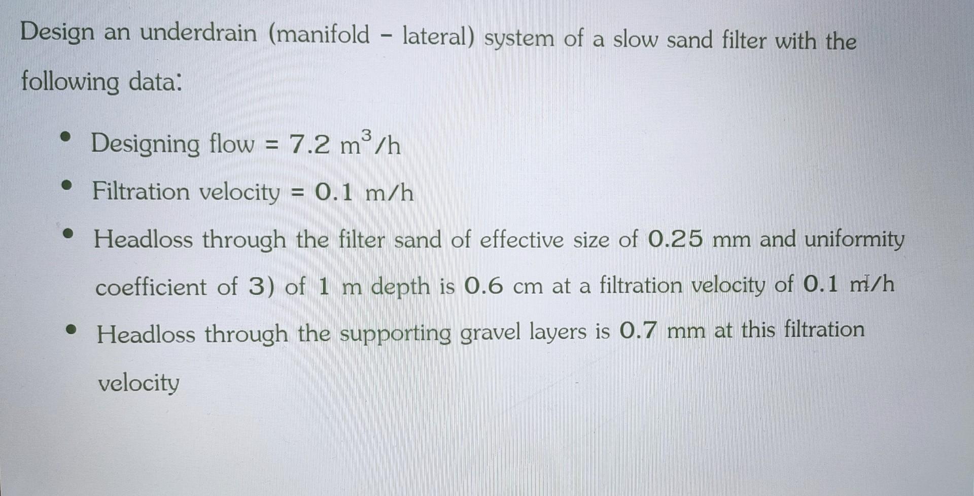 Solved Design an underdrain (manifold - lateral) system of a | Chegg.com