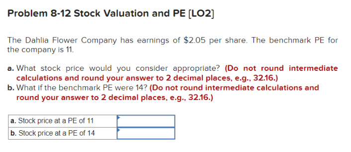 Solved Problem 8-12 ﻿Stock Valuation and PE [LO2]The Dahlia | Chegg.com