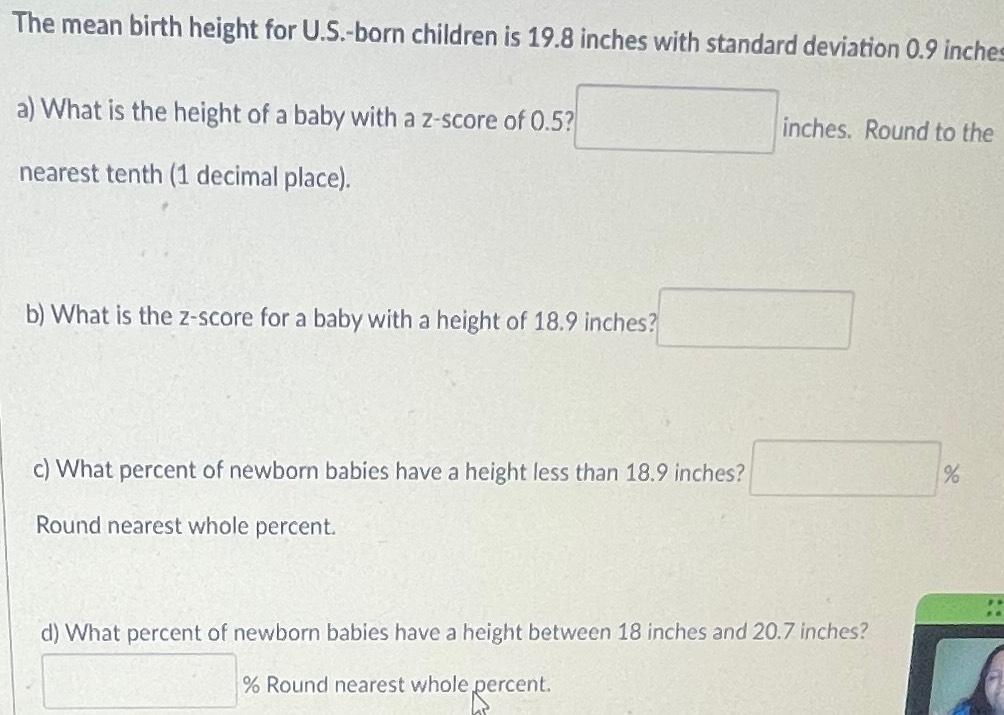 Solved The mean birth height for U.S.-born children is 19.8 | Chegg.com