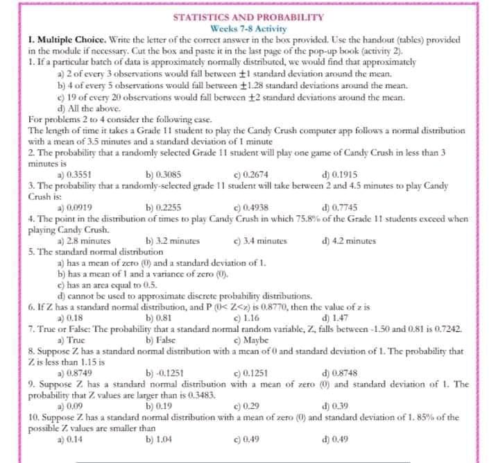 Solved STATISTICS AND PROBABILITY Weeks 7-8 Activity 1. | Chegg.com