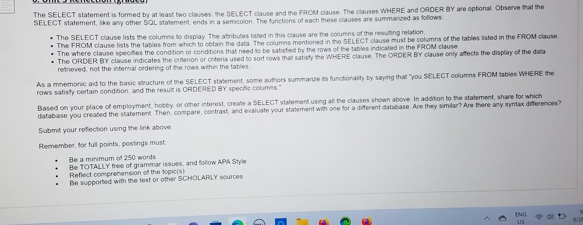 Solved The SELECT statement is formed by at least two | Chegg.com