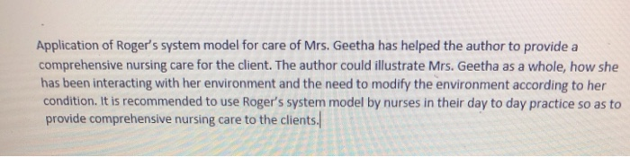 Solved Application of Roger's system model for care of Mrs. | Chegg.com