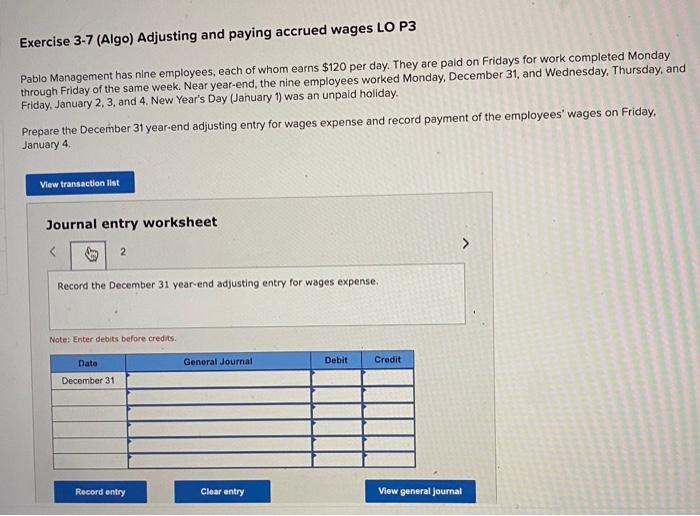 Solved Exercise 3-7 (Algo) Adjusting and paying accrued | Chegg.com
