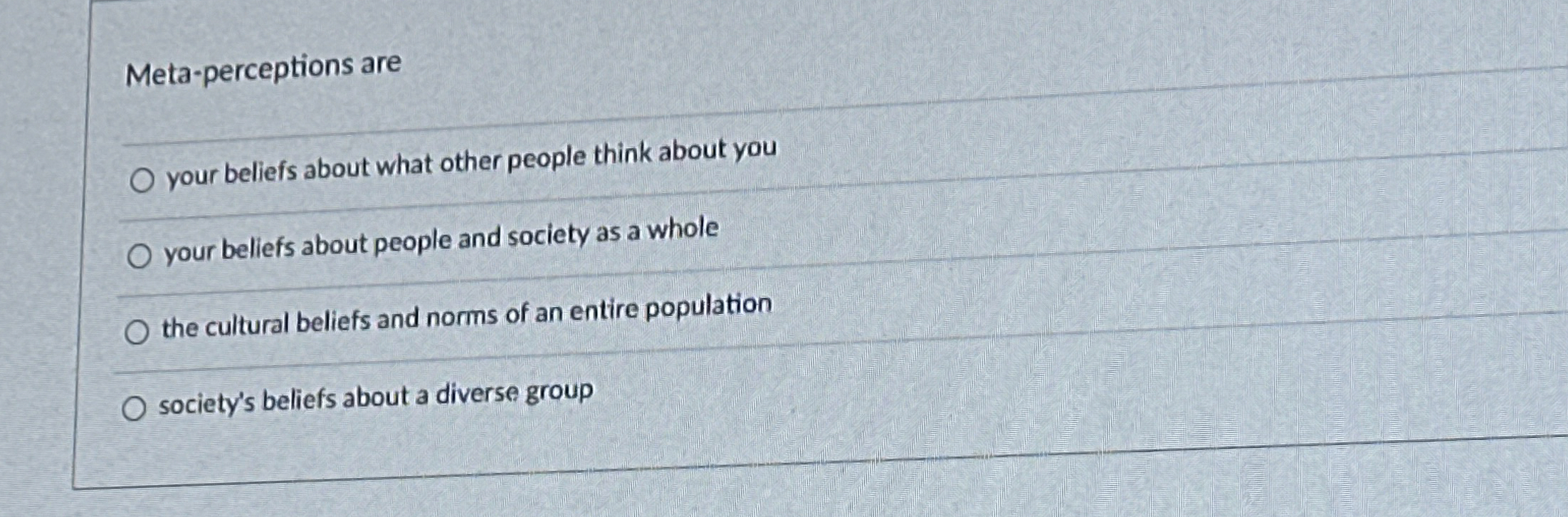 Solved Meta-perceptions areyour beliefs about what other | Chegg.com