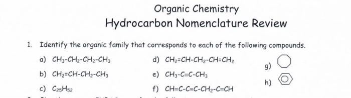 Solved Organic Chemistry Hydrocarbon Nomenclature Review 1. | Chegg.com