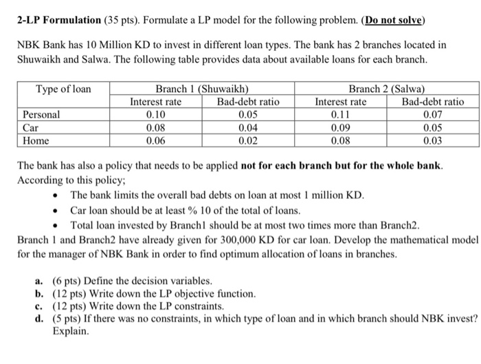 Solved 2-LP Formulation (35 pts). Formulate a LP model for | Chegg.com